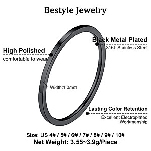Bestyle Stackable Black Rings Set for Women, Polisded Black Gun Plated Size 6 Band Layered Rings Comfort Fit Finger Rings