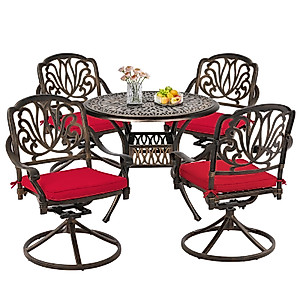 Grepatio 5 Piece Outdoor Dining Set Cast Aluminum Patio Dining Set Table and Chairs Outside Furniture 4 Swivel Chairs with Cushion and 1 Umbrella Round Dining Table for Lawn Garden Patio (Red)