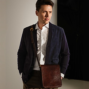 Time Resistance Italian Leather Messenger Bag for Men - Full Grain Crossbody, Tablet-Sized Shoulder Bag (Brown)