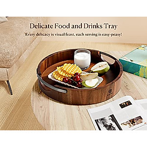 Dofira Acacia Wood Serving Tray with Metal Handles, 14" Round Food Drinks Tray for Coffee Table, Breakfast, Dinner & Bar, Rustic Decorative Storage Tray for Ottoman, Kitchen, Bedroom (Gift Packaging)