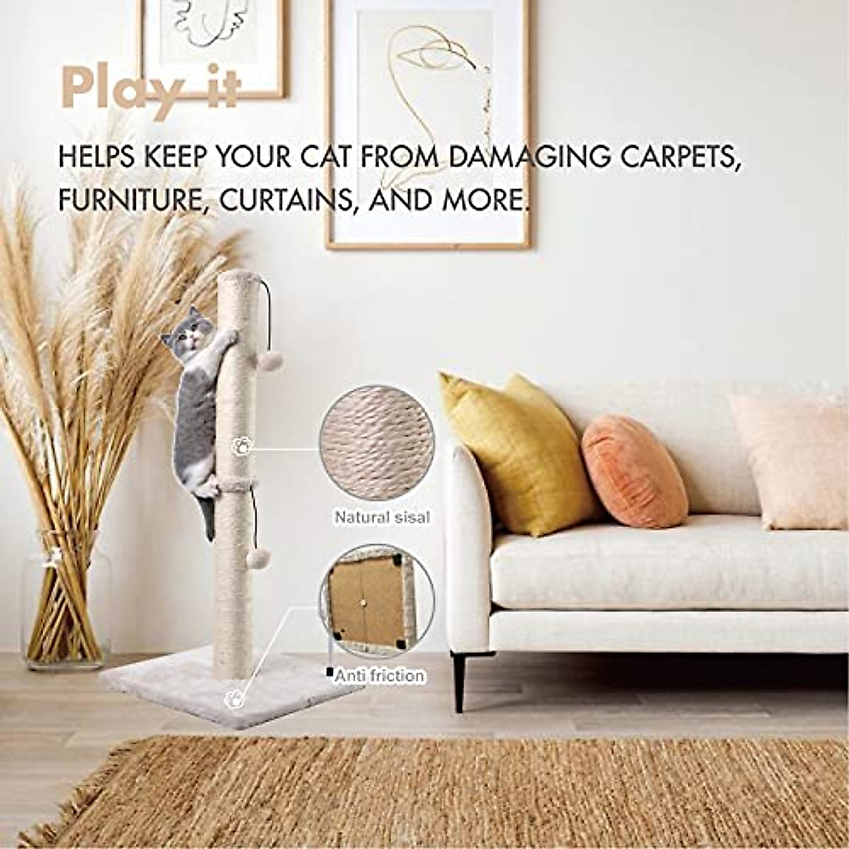 MECOOL 34” Tall Cat Scratching Post Premium Basics Kitten Scratcher Sisal Scratch Posts Trees with Hanging Ball for Indoor Cats (34 inches for Adult Cats, Beige)