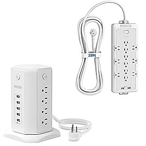 Power Strip Tower, NTONPOWER Surge Protector Power Strip Flat Plug Extension Cord 6ft, 8 Outlet 5 USB Desktop Charging Station, Individual Switches, UL Listed, 1080 J, Circuit Breaker, for Home Office