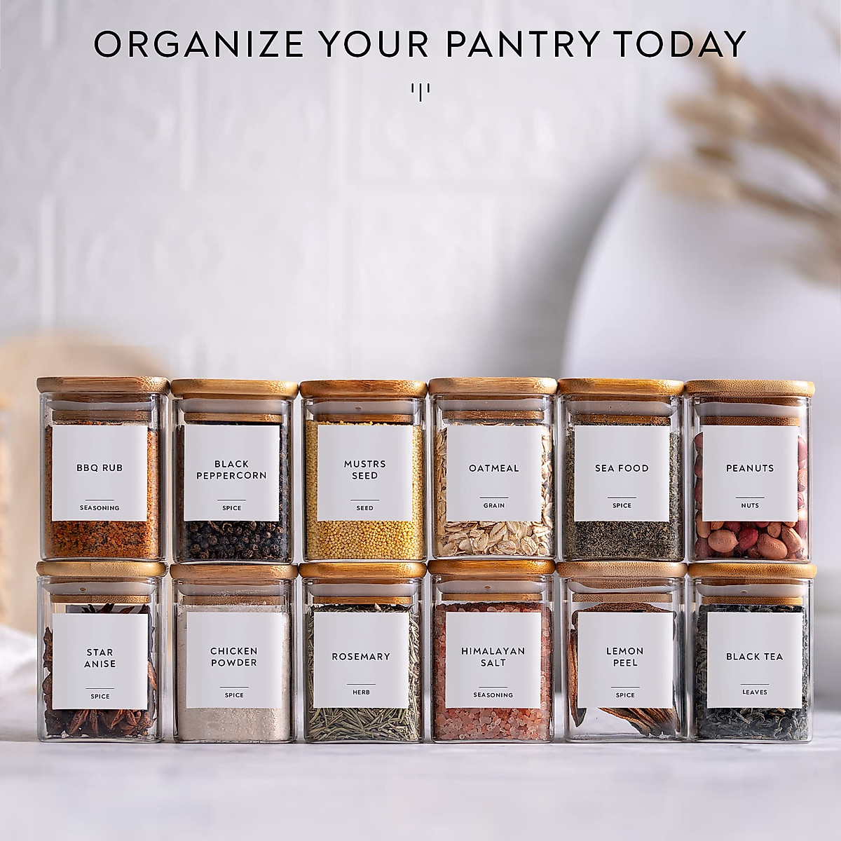 Laramaid 7oz 12Packs Glass Jars Set with 208 Minimalist Spice Labels, Square Spice Jars with Bamboo Lids and White Vinyl Customized Sticker Labels, Food Storage Container Canisters