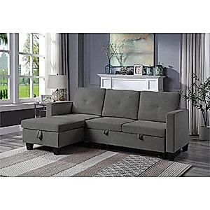 BOWERY HILL Dark Gray Velvet Reversible Sleeper Sectional with Storage Chaise
