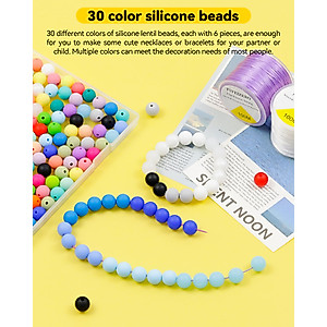 180PCS FIVEIZERO Silicone Beads, 30 Colors 12mm Silicone Beads Focal Beads Rubber Round Beads Mixed Color Silicone Lentil Beads Bulk for DIY and Keychain Accessories Silicone Beads Crafts Making