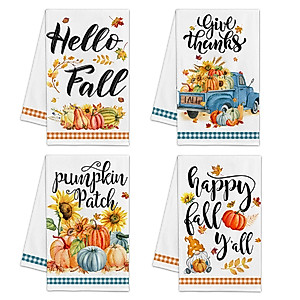 Fall Kitchen Towels Sets of 4 - Autumn Fall Dish Towels Dishcloths - Fall Hand Towels Bathroom Thanksgiving Tea Towel - Buffalo Plaid Pumpkin Gnome Farmhouse Theme Decorative Quick Dry Microfiber