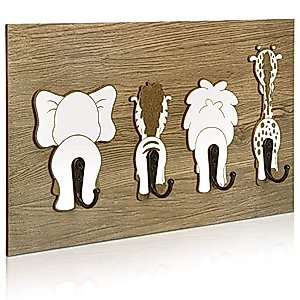 Safari Animal Wall Hooks Animal Nursery Hooks Decor Wooden Kids Coat Wall Mounted Hooks Decorative Elephant Lion Giraffe Zebra Hanger for Nursery Bathroom Bedroom Home Decor
