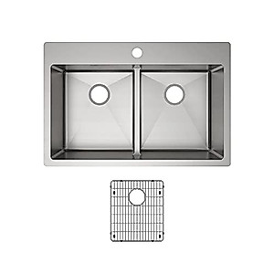 Elkay Crosstown ECTSRA33229TBG1 Equal Double Bowl Dual Mount Stainless Steel Kitchen Sink Kit with Aqua Divide