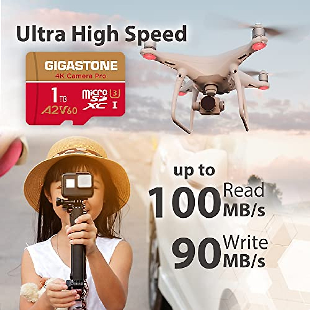 [5-Yrs Free Data Recovery] Gigastone 1TB Micro SD Card, 4K Camera Pro, 4K Video Recording for GoPro, DJI, Drone, R/W up to 100/90 MB/s MicroSDXC Memory Card UHS-I U3 A2 V60, with Adapter
