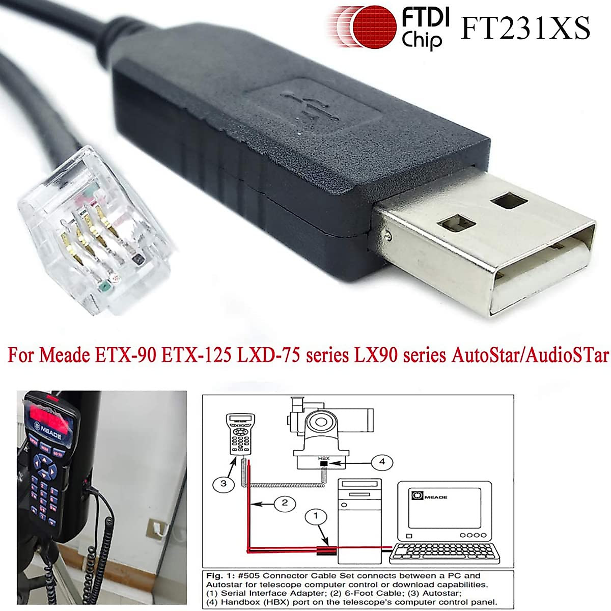 Usangreen USB to RJ9 RJ10 4P4C FT231XS RS232 Interface Handbox Control Cable for Meade 505 ETX-90 ETX-105 ETX-125 LXD75 LX80 LX90 497 AutoStar Audiostar (Length:10FT)