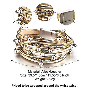 Fesciory Leather Wrap Bracelets for Women, Boho Leopard Multi-Layer Crystal Beads Cuff Bracelet Jewelry (Gold Beads)
