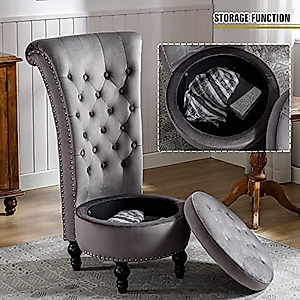 Icoget Gothic Queen of Throne Chair, Velvet High Back Chair w/Nailhead Trim, Button-Tufted Upholstered Royal Retro Accent Chair w/Rubberwood Legs and Storage Space for Living Room, Grey