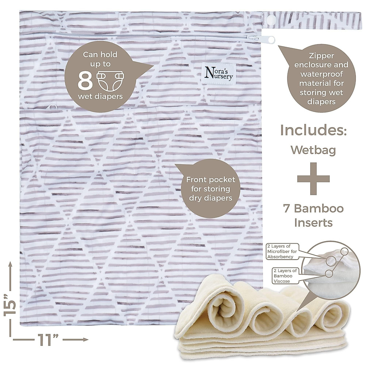 Nora's Nursery Cloth Diapers 7 Pack with 7 Inserts & 1 Wet Bag - Waterproof Cover, Washable, Reusable & One Size Adjustable Pocket Diapers for Newborns and Toddlers - Modern Blooms