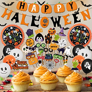 Halloween Party Balloons Banner Supplies Set,include Cupcake Toppers,Selfie Photo Props,Halloween Banner,Bat Wall Stickers,Black Orange Foil Latex Balloons,72Pcs Halloween Theme Party Decorations
