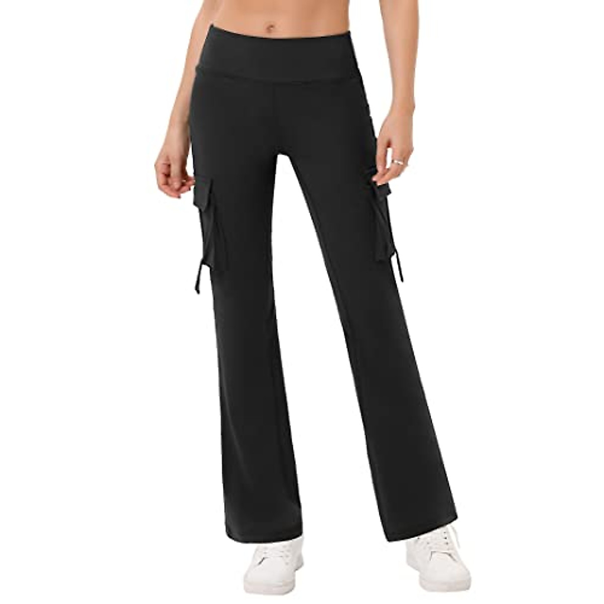GymSmart Mid Waisted Yoga Cargo Pants for Women Stretch Bootcut Casual Pants Black