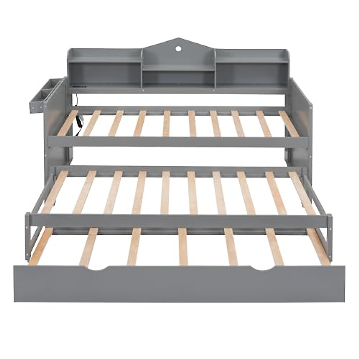 Bellemave Twin XL Daybed Captain Bed with 2 Twin Trundles and Storage Shelf Wooden Day Bed with USB Charging Ports for Kids, Boys and Girls No Box Spring Needed (Grey)