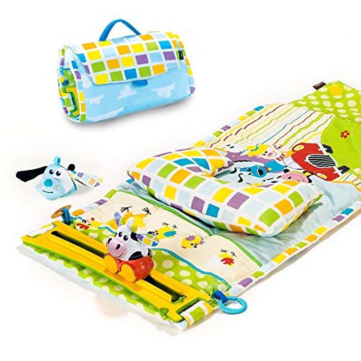 Baby Tummy Time Mat by Yookidoo. Newborn Musical Playmat & Outdoor Gym. Pillow, Teething Toys and Portable Fold-Up Case. 0- 12 months.