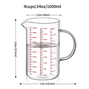 Luvan 34OZ/1000ML Glass Measuring Cup, 4 Cup Glass Measuring Cup With 3 Scales (Ml/Oz/Cup), High Borosilicate Glass Measuring Cup With Handle and V-Shaped Spout, Dishwasher/Freezer/Microwave Safe