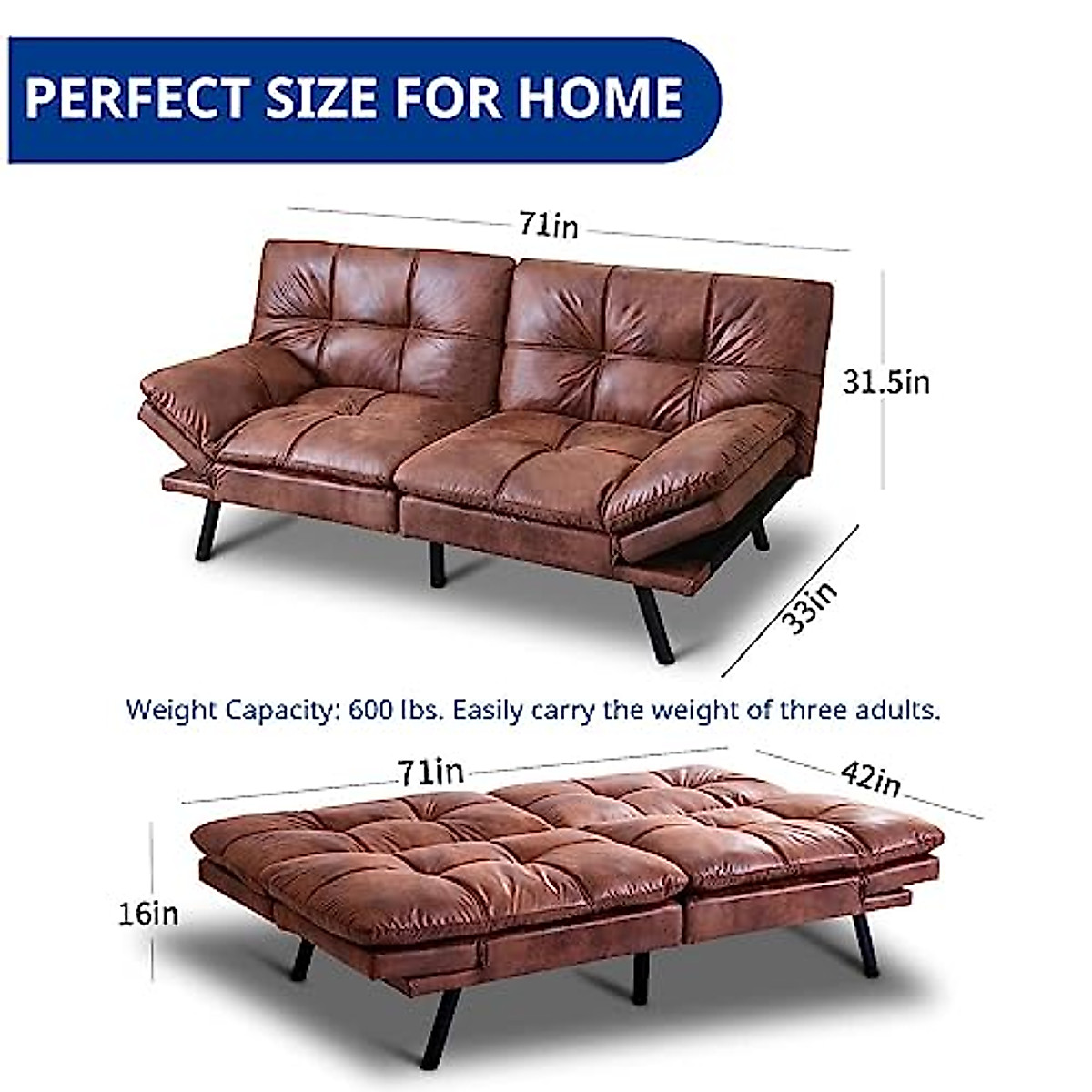 Fangflower Futon Sofa Bed, Faux Leather Memory Foam Couch, Foldable Convertible Sleeper Loveseat, Daybed for Living Room, Brown