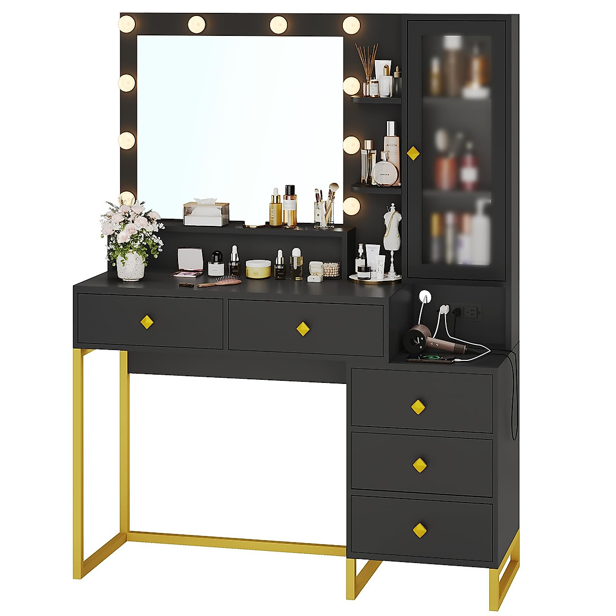BTHFST Large Vanity Desk with Mirror and Lights, Makeup Vanity with Lights and Charging Station, Vanity Table with 5 Drawers and Storage Shelves, Makeup Desk with Nightstand, Black and Gold