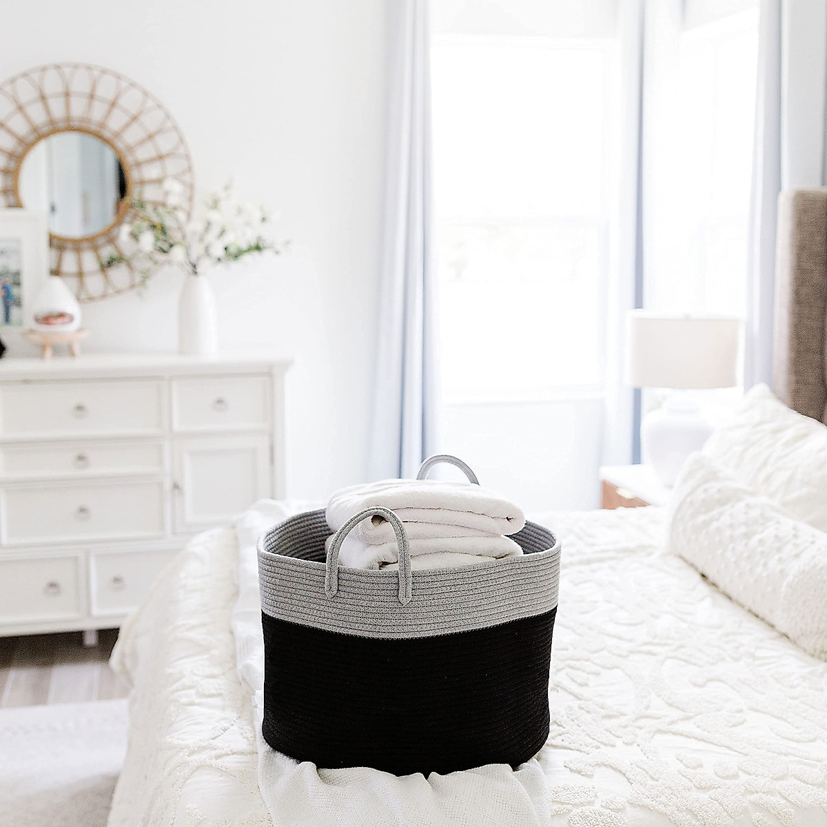 OrganiHaus Gray & Black Throw Blanket Basket for Living Room 20x13, Large Woven Baskets for Storage, Cotton Rope Baskets with Handles, Big Nursery Laundry Basket, Blanket Bin & Pillow Basket