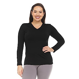 Thermajane Long Sleeve V Neck Thermal Shirts for Women Cold Weather, Womens Thermal Underwear Tops, Base Layer Women Thermal (Black, Large)