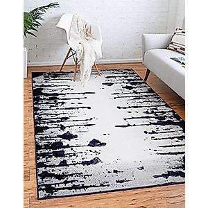 Unique Loom Metro Collection Modern Abstract Vintage Ink Blot Striped Area Rug, 5' 0" x 8' 0", Ivory/Navy Blue
