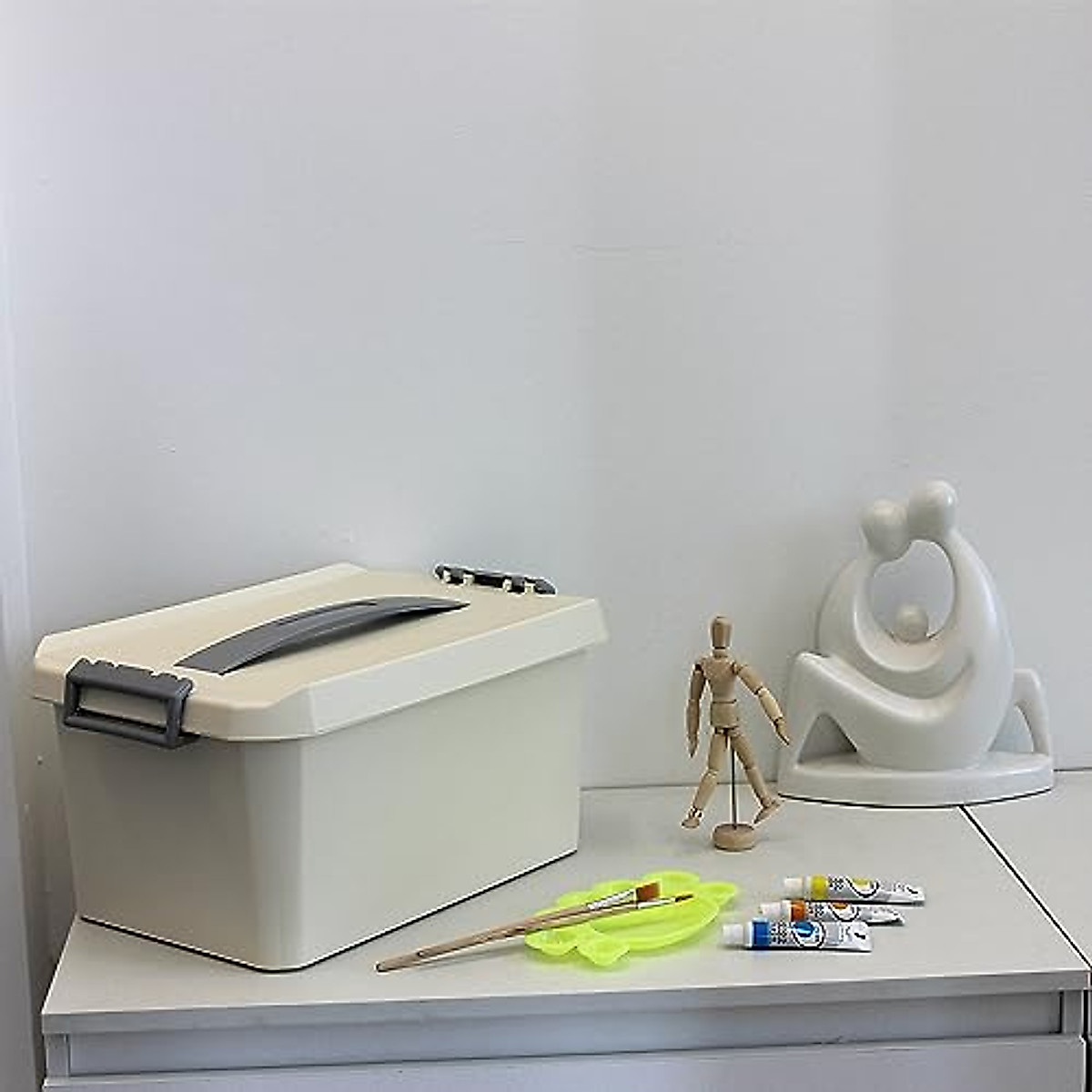 BangQiao Large Multipurpose Plastic Storage Box with Handle and Removable Tray, Lockable Carry Box Case Container Organizer for Tool, Sewing, Craft, Art Supplies, First Aid Kit, Beige