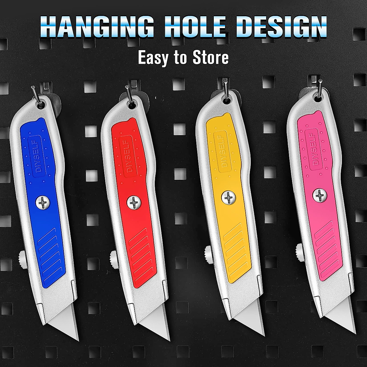 DIYSELF 4 Pack Box Cutter Retractable, Heavy Duty Box Knife with 10 Extra Utility Blades, Comfortable Utility Knife Retractable for Work, Razor Knife, Sharp Box Cutters for Cardboard, Package Opener