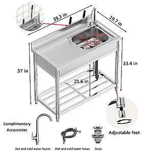 Free Standing Stainless-Steel Single Bowl Commercial Restaurant Kitchen Sink Set w/Faucet & Drainboard, Prep & Utility Washing Hand Basin w/Workbench & Storage Shelves Indoor Outdoor (39 in)