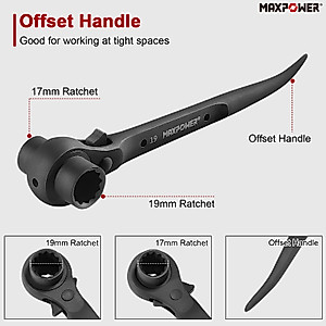 MAXPOWER 2 Pieces Spud Ratchet Set, 3/4 Inch x 7/8 Inch Dual Socket Spud Ratchet, 17mm x 19mm Metric Spud Ratchet Scaffold Wrench