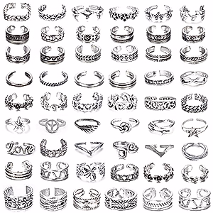 MJust 54Pcs Open Toe Rings Set for Women Men Adjustable Vintage Retro Knuckle Ring Toe Finger Tail Ring Beach Foot Jewelry (54Pcs)