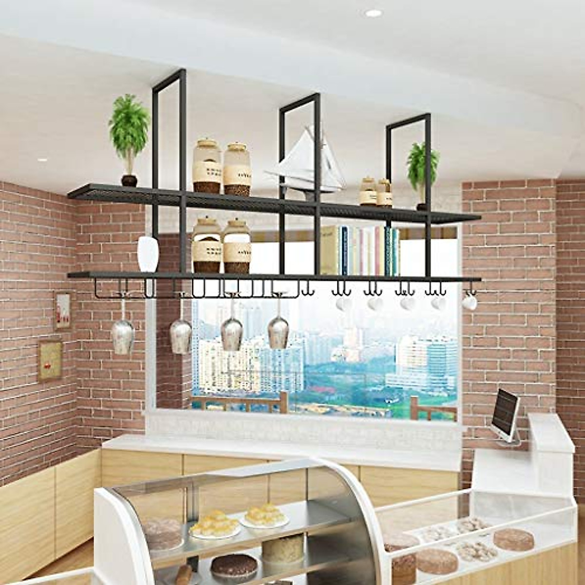 MISTRARA European Style Hanging Shelf, 2-Layer Black Wrought Iron Ceiling Frame, Restaurant Bar Storage Rack, Upside Down Wine Glass Rack 3 Sizes (Size : 100 * 30 * 80cm)