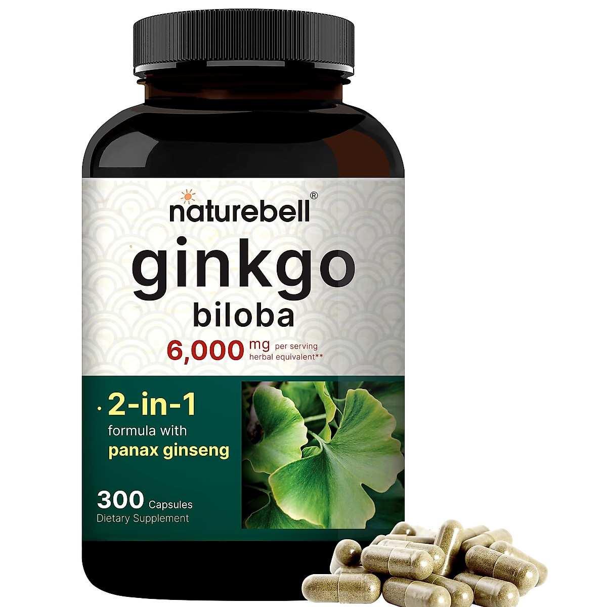 NatureBell Ginkgo Biloba 6,000mg with Panax Ginseng 500mg Per Serving | 300 Capsules – Max Strength Ginko Biloba Extract Supplements - Promotes Memory, Focus, and Brain Health