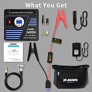 3400A Car Jump Starter with Air Compressor, 150PSI Tire Inflator with Digital Screen Pressure Gauge, 24000mAh 12V Auto Battery Booster (10.0L Gas/ 9.0LDiesel Engine), 2 USB Port 2 Light