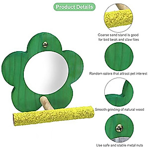 Bird Parrot Mirror with Perch Natural Wood Swing Colorful Sand Grind Paw Trim Beak for Small Parrot Parakeet Cockatiel Lovebird Conure Finch Budgie (Flower-Shaped)
