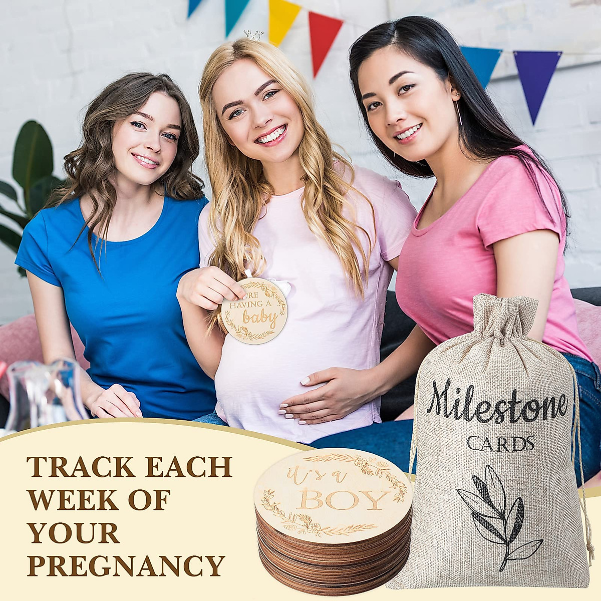 19 Pieces Pregnancy Milestone Signs Weekly Baby Bump Tracker 4.7" Milestone Cards Wooden Milestone Discs Double Sided Pregnancy Weekly Signs Neutral Baby Announcement Cards with Bag for Pregnant Moms