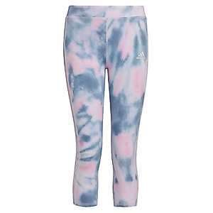 adidas Girls Cotton 3 Stripe Allover Print Tight, White with Blue, Small (7/8)