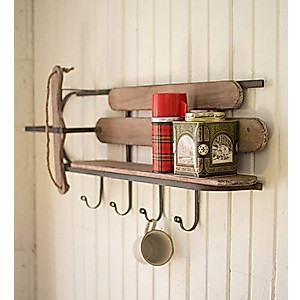 MY SWANKY HOME Sleigh Sled Shaped Wood Wall Shelf Metal Frame 4 Hook Coat Entryway Kitchen
