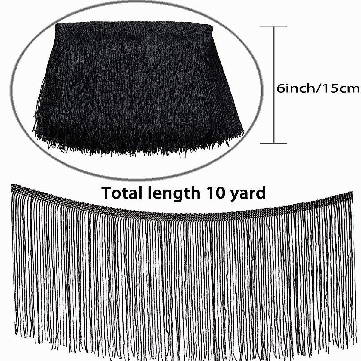 Nonmol Black Fringe Trim Tassel Sewing Trim 6Inch Width 10 Yards Long for Clothes Accessories Latin Wedding Dress DIY Lamp Shade Decoration (Black)