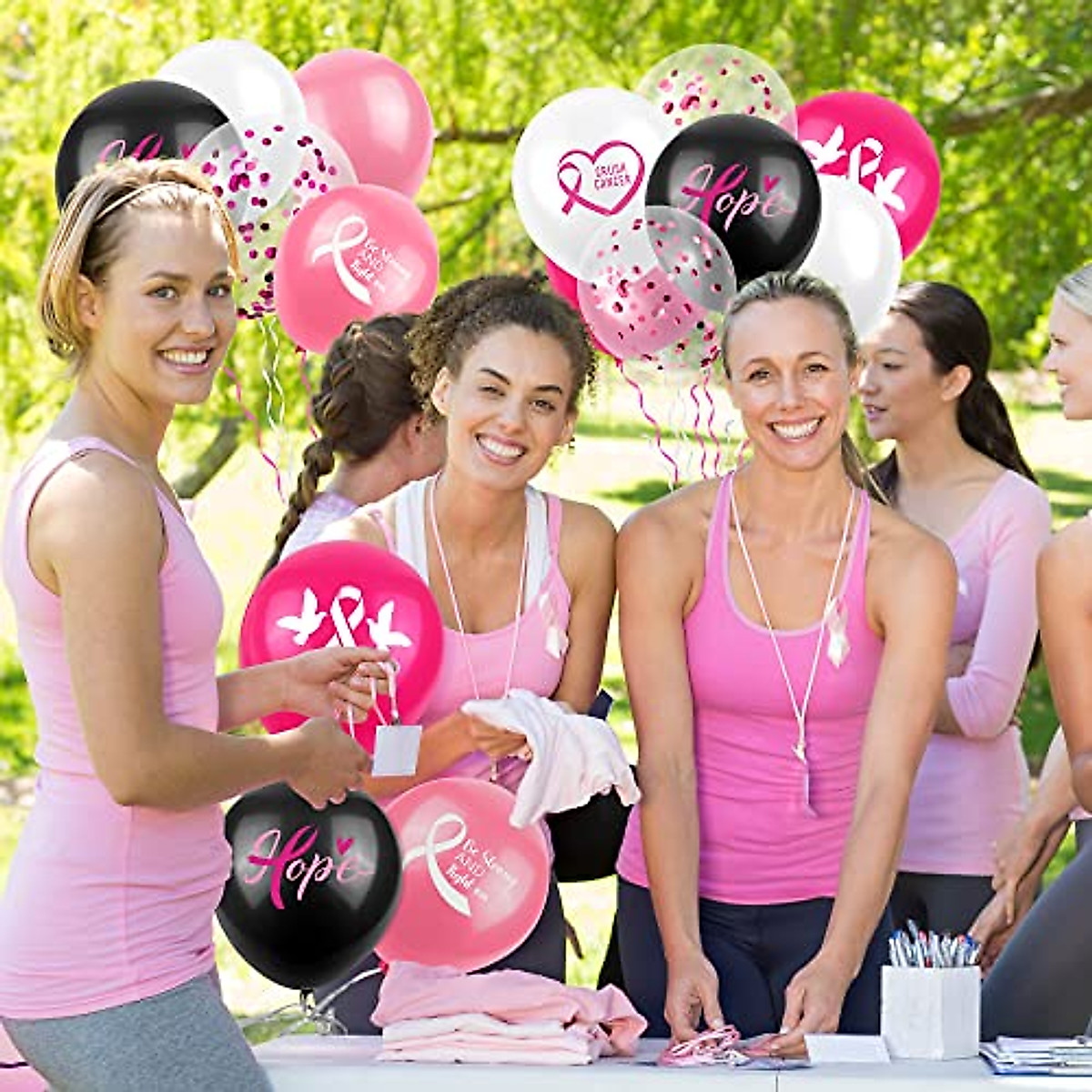 Grehge ces Pink Ribbon Latex Balloons Breast Cancer Awareness Balloons Transparent Confetti Glitter Balloons Set Printed Balloons with Ribbons for Charity Fundraiser Party Supplies, 8 Designs