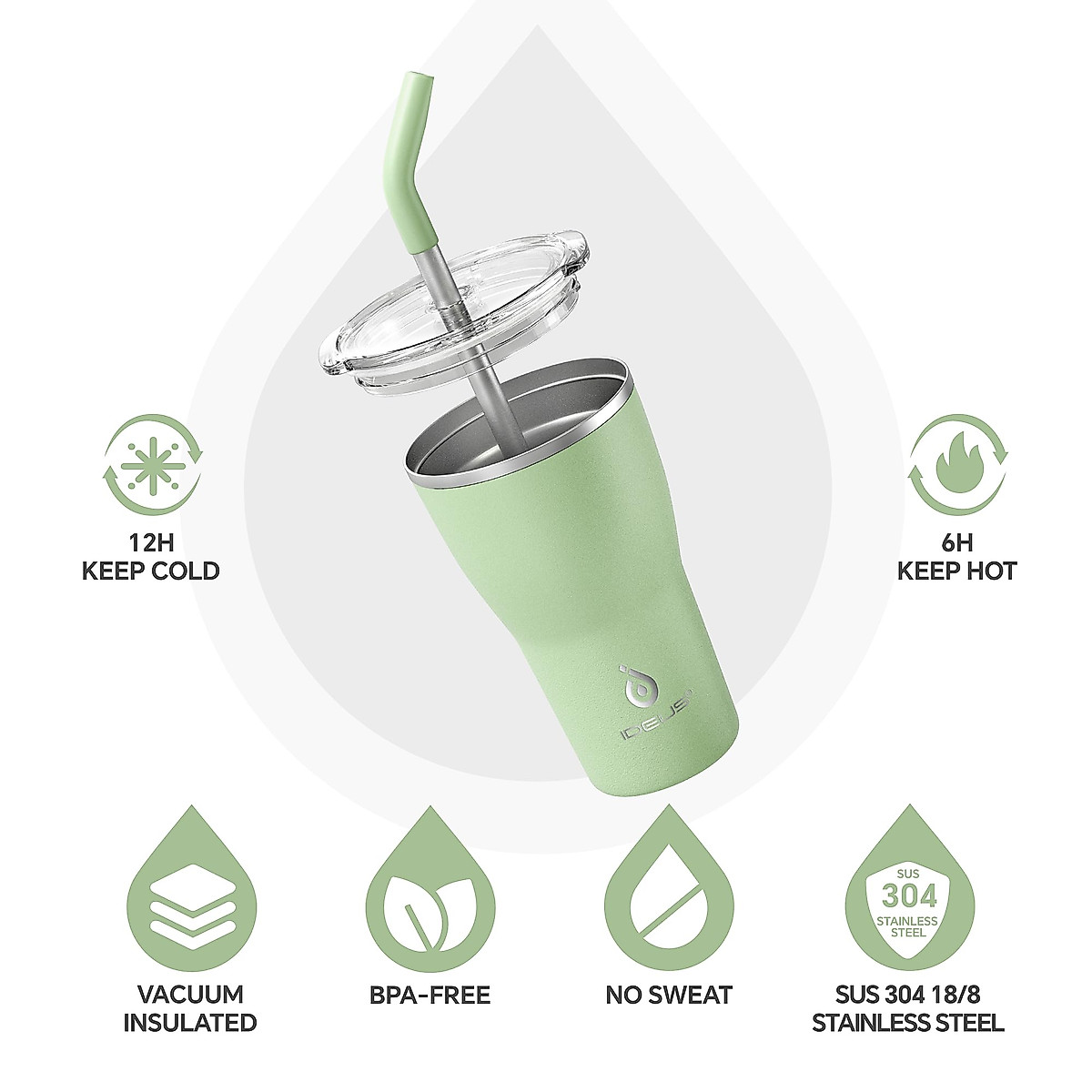 Ideus 14oz Stainless Steel Leak Proof Tumbler, Insulated Coffee Mug with Lid and Straw, Spill Proof Travel Coffee Cup, Double Wall Vacuum Flask for Adult Men and Women, Avocado Green