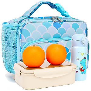 FlowFly Kids Lunch box with buckle Insulated Cooler Back to School Thermal Meal Tote Kit for Girls, Boys (Mermaid)