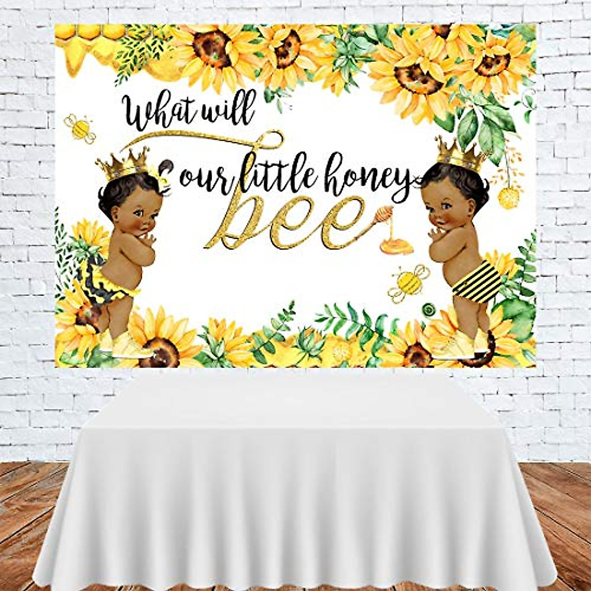 What Will Little Honey Bee Backdrop Gender Reveal Party Decorations for Baby Shower Boy or Girl Gender Reveal Sunflower Background Photo Banner 7x5ft