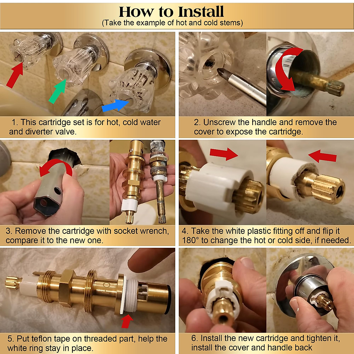 Dreyoo Ceramic Disc Cartridge Replacement for 910-030, Diverter Stem Replacement for 910-022, Shower Valve Faucet Cartridge Compatible with Price/Pfister, Hot Cold Diverter, Brass Construction
