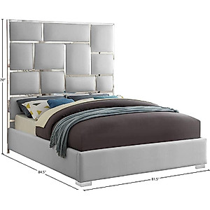 Meridian Furniture Milan Collection Modern | Contemporary Faux Leather Upholstered Bed with Custom Chrome Metal Legs and Geometric Designed Headboard, King, White