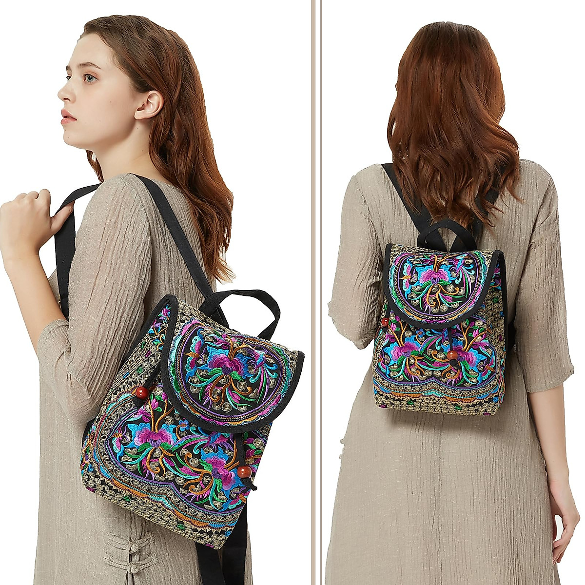 Jursccu Embroidery Backpack Purse for Women Vintage Handbag Small Drawstring Casual Travel Shoulder Bag Daypack