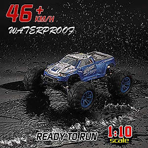 Soyee RC Cars 1:10 Scale RTR 46km/h High Speed Remote Control Car All Terrain Hobby Grade 4WD Off-Road Waterproof Monster Truck Electric Toys for Kids and Adults -1600mAh Batteries x2