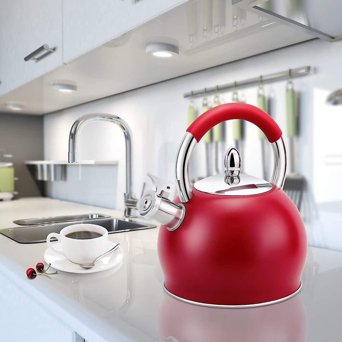 HRHongRui Whistling Tea Kettle for Stove Top Stainless Steel Tea Pot with Ergonomic Silicone Handle Teapot for Stovetop 3.2 Quart / 3 Liter Red