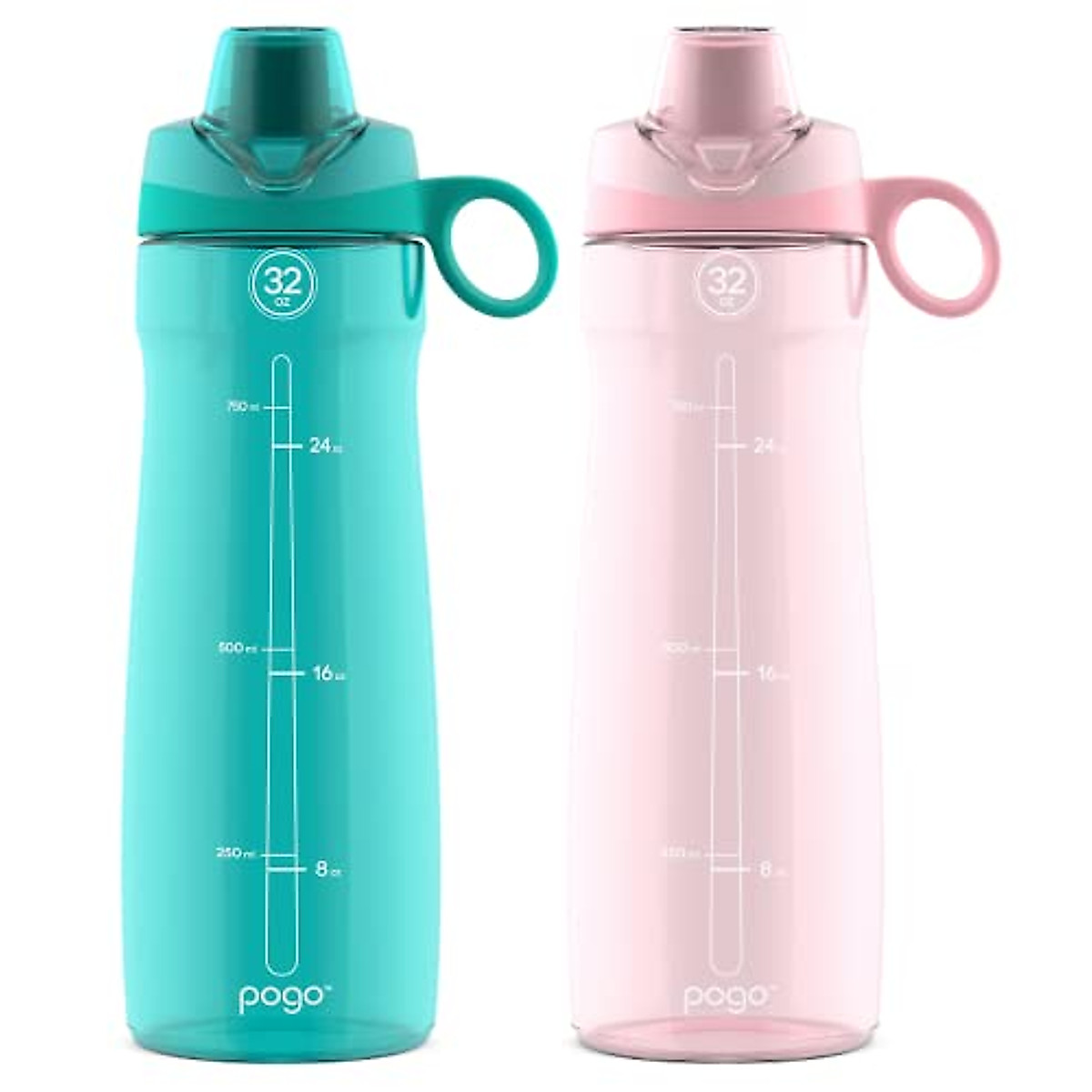 Pogo 32oz Plastic Resuable Water Bottle 2-Pack with Chug Lid and Carry Handle, BPA Free, Sport and Travel Friendly, Dishwasher Safe, Aquaviva/Pink Satin